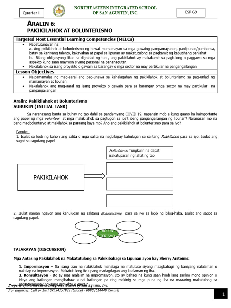 ARALIN 6 - EsP G9 (Quartrer II) PAKIKILAHOK ATBOLUNTERISMO | PDF