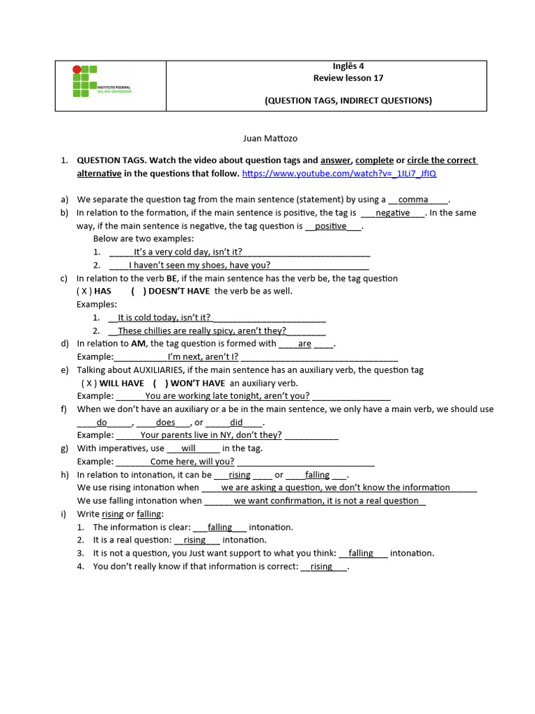 English 4 Review of Lesson 17 | PDF | Question | Verb