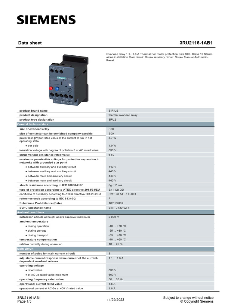 3RU21161AB1 - Datasheet - en (SIRIUS Thermal Relay) | PDF | Relay | Electric Power