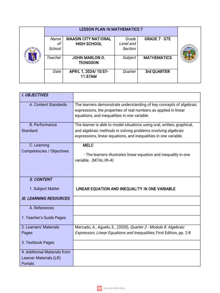 Linear Equation and Inequalities in One Variable | PDF | Equations ...