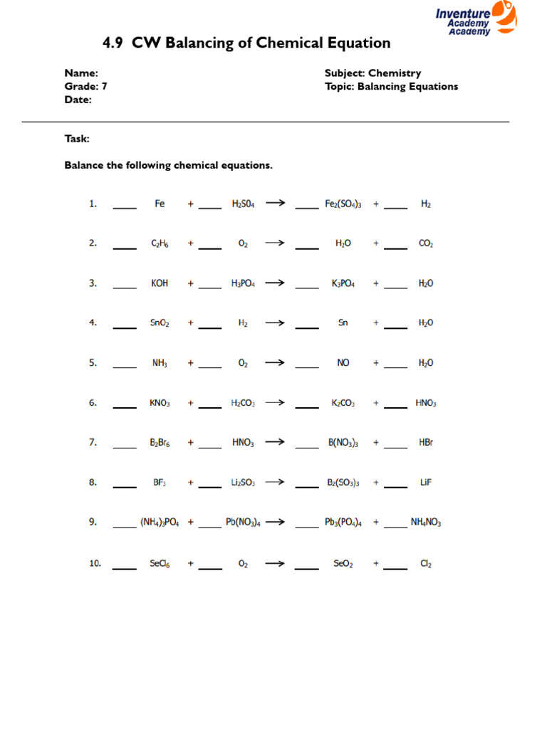 4.9 CW Balancing of Chemical Equation | PDF