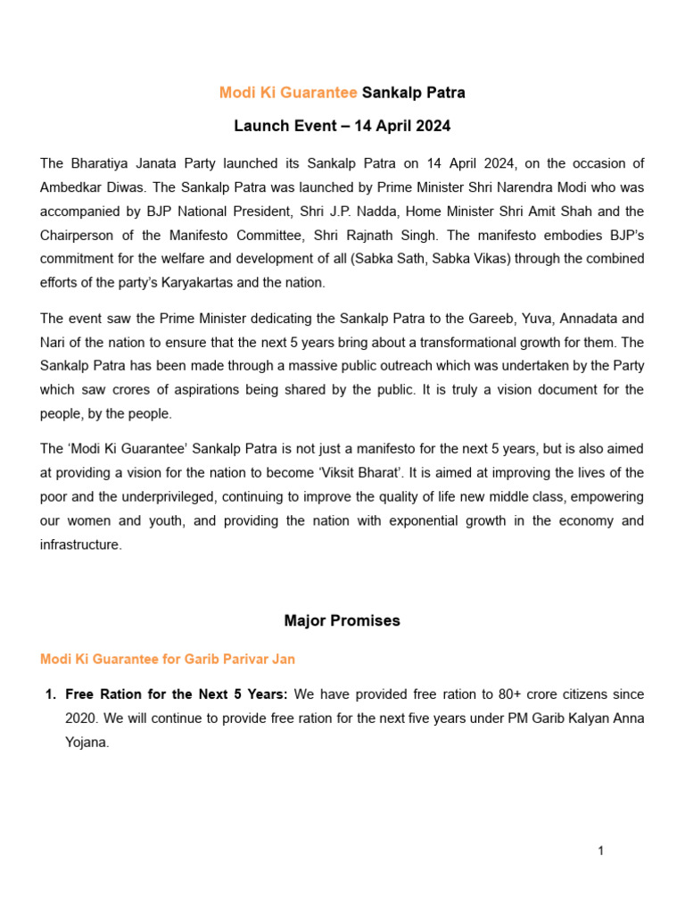 BJP Sankalp Patra 2024 | Download Free PDF | Narendra Modi | Bharatiya Janata Party