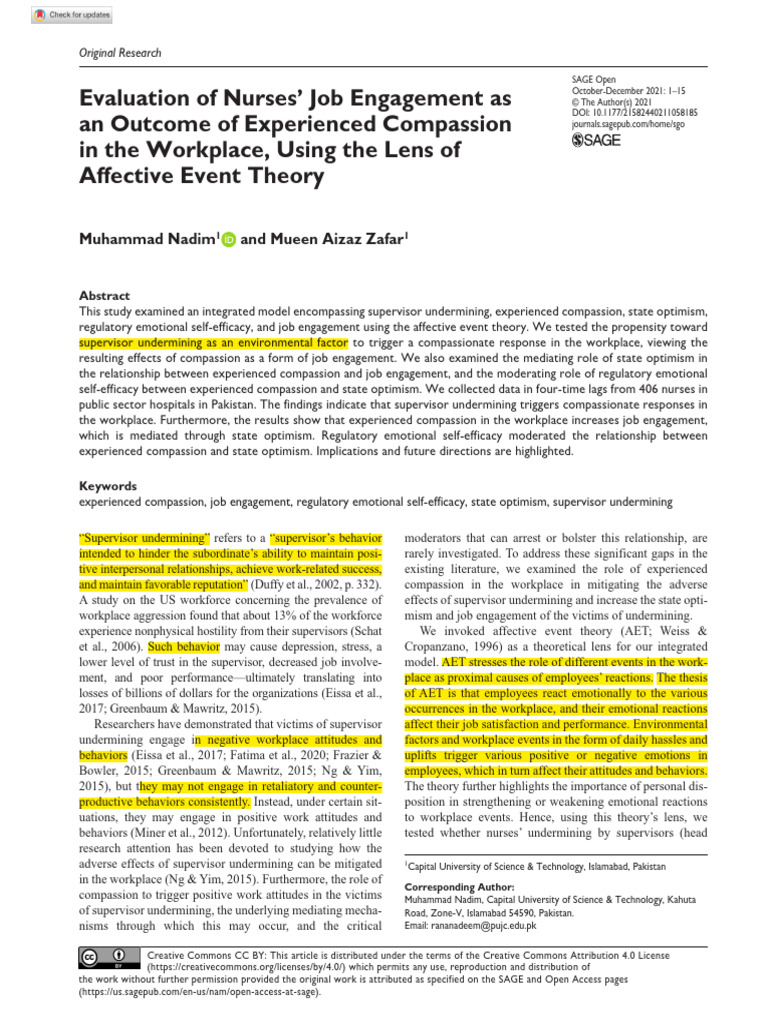 Evaluation of Nurses' Job Engagement As An Outcome of Experienced ...