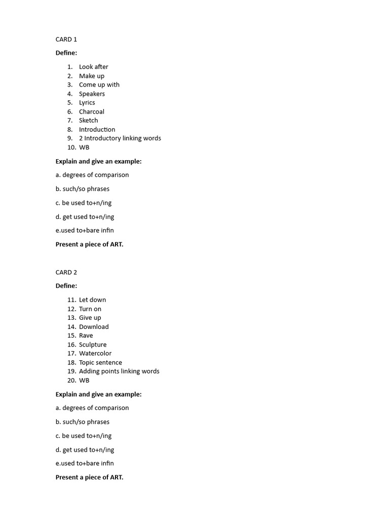 Speaking Cards Grade 8 Unit 7 ART 3 | PDF