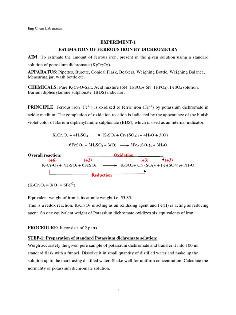 Experiment 1 Dichrometry | PDF | Redox | Titration