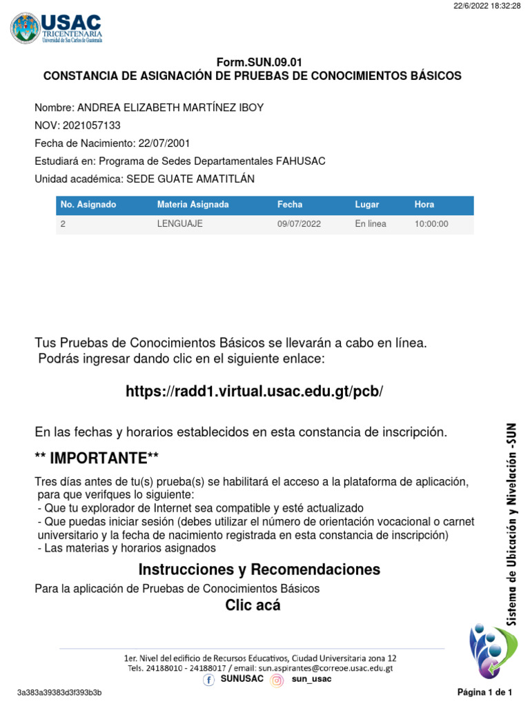 Form - SUN.09.01 Constancia de Asignación de Pruebas de Conocimientos Básicos | PDF
