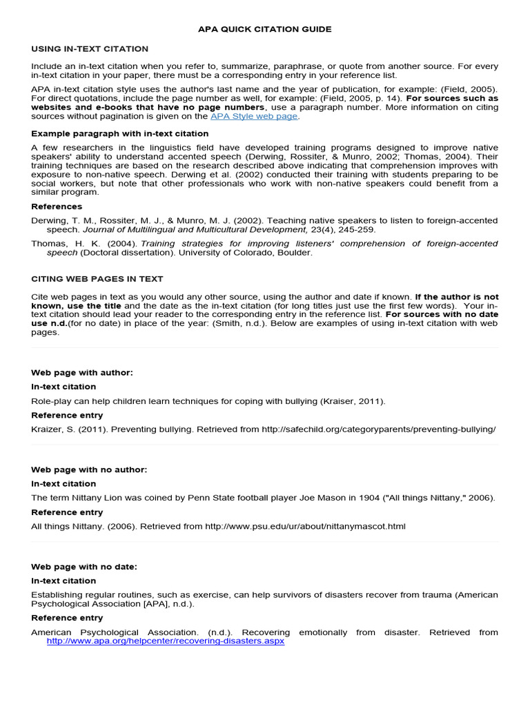 Apa Quick Citation Guide | PDF | Citation | Apa Style