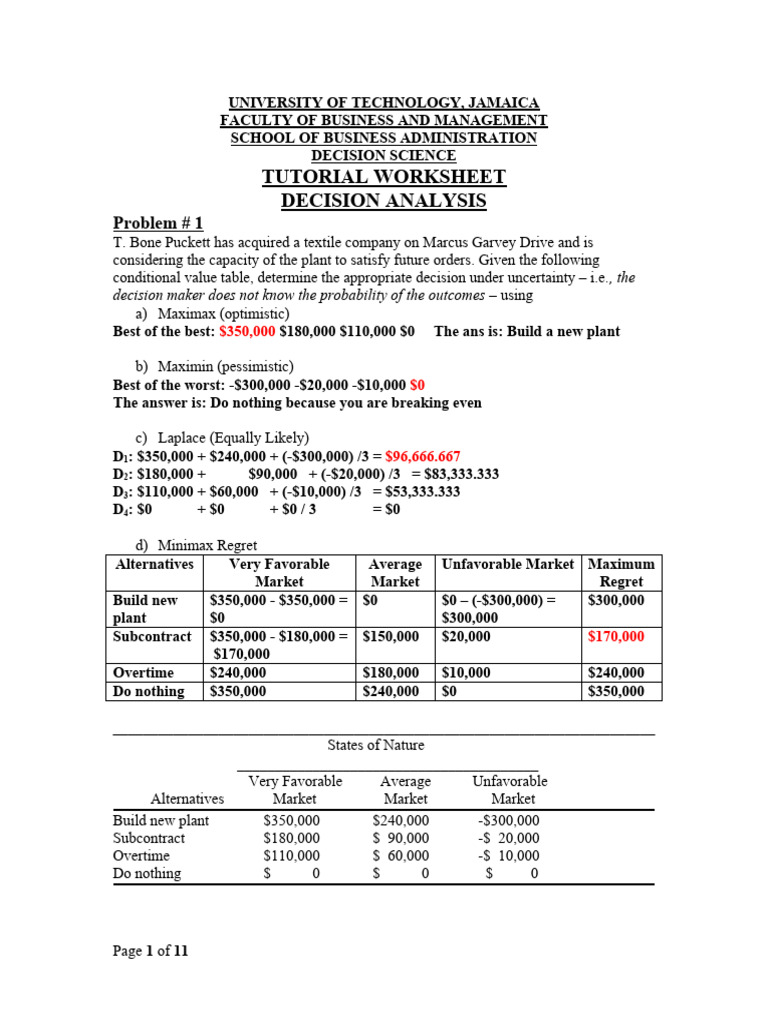 TUTORIAL 2 Decision Analysis | PDF | Profit (Economics) | Demand