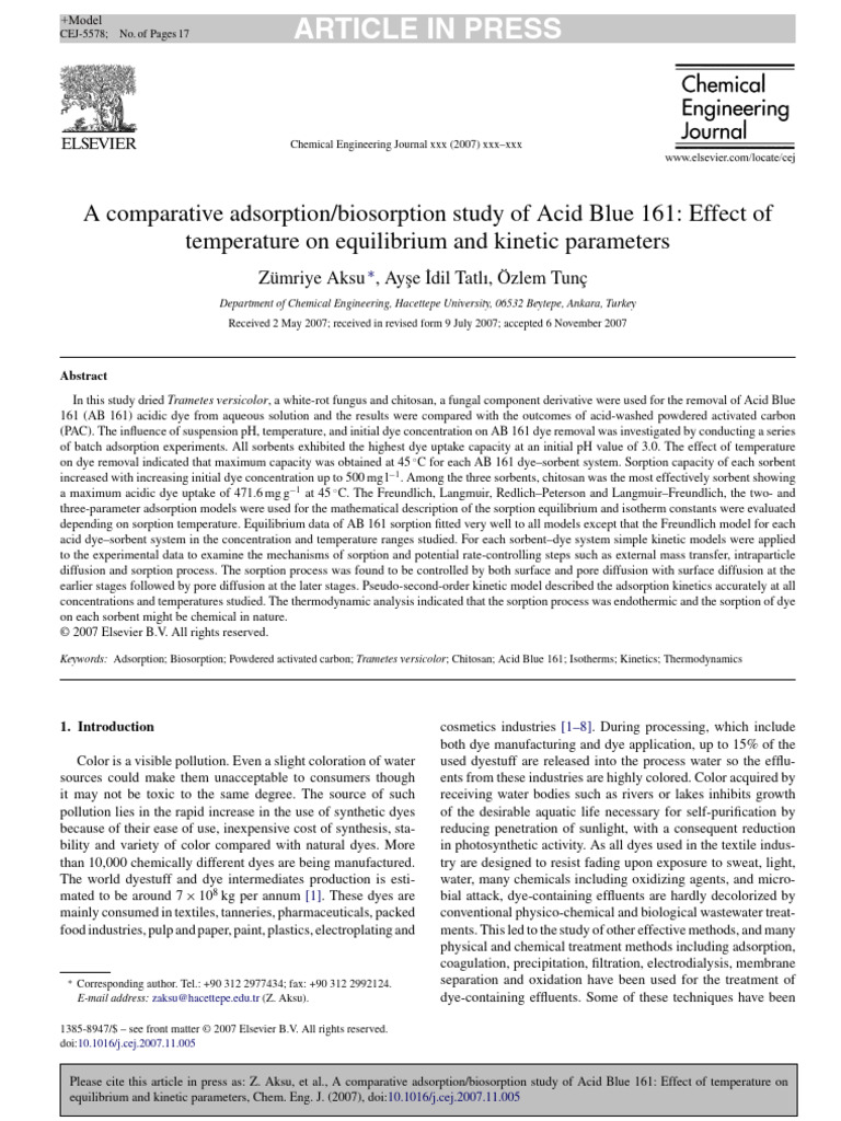A Comparative Adsorptionbiosorption Study of Acid Blue 161 Effect of ... A Comparative Adsorptionbiosorption Study of Acid Blue 161 Effect of ...