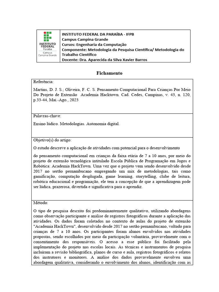 Fichamento.modelo | PDF | Aprendizado | Pedagogia