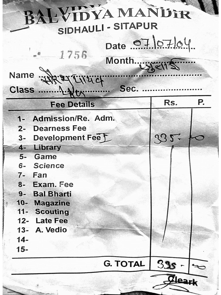 LKG FEE RECEIPT | PDF