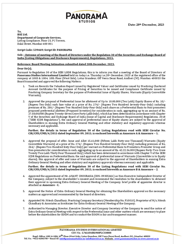 Date: 28 December, 2023: Panorama Studios International Limited CIN No.: L74110MH1980PLC330008 ...