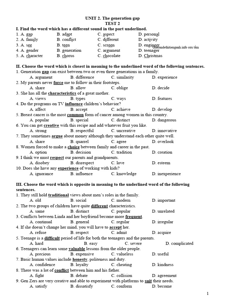 UNIT 2. The Generation Gap - TEST 2 | PDF | Adolescence | Experience