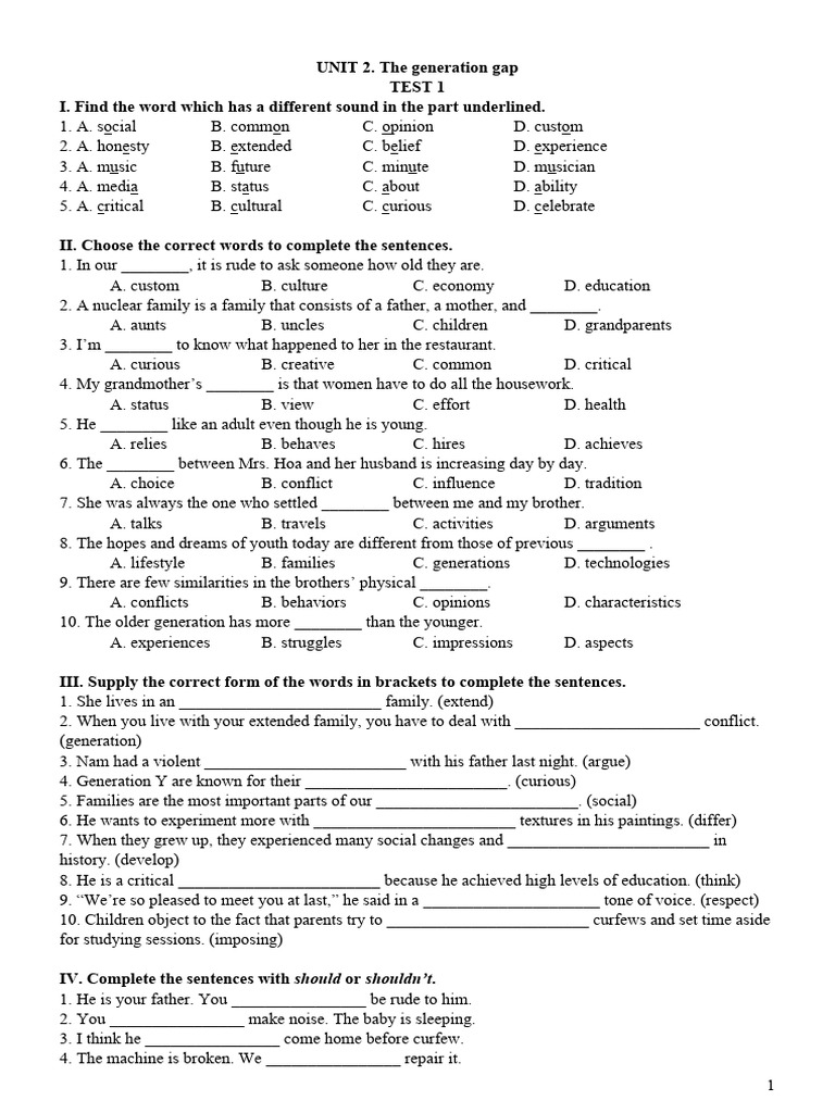 UNIT 2. The Generation Gap - TEST 1 | PDF | Family | Social Psychology