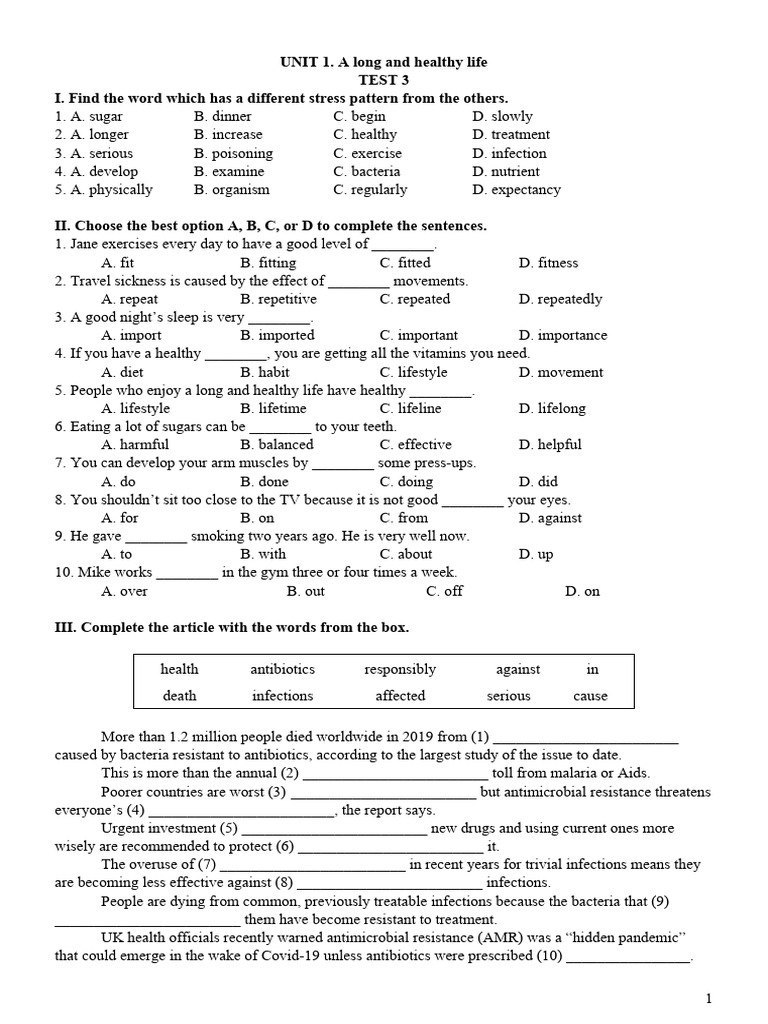Unit 1: Healthy Life Test 3 | PDF | Antimicrobial Resistance | Asana