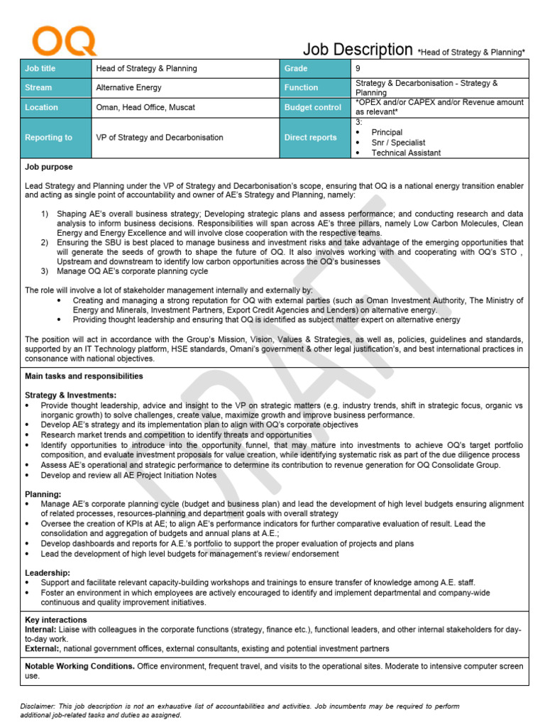 JD For Head of Strategy & Planning | PDF | Consultant | Strategic Planning