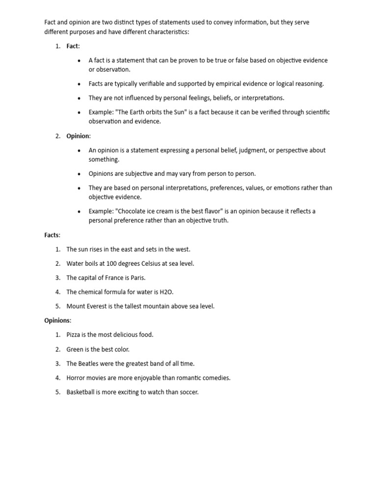 Fact and Opinion Are Two Distinct Types of Statements Used To Convey ...