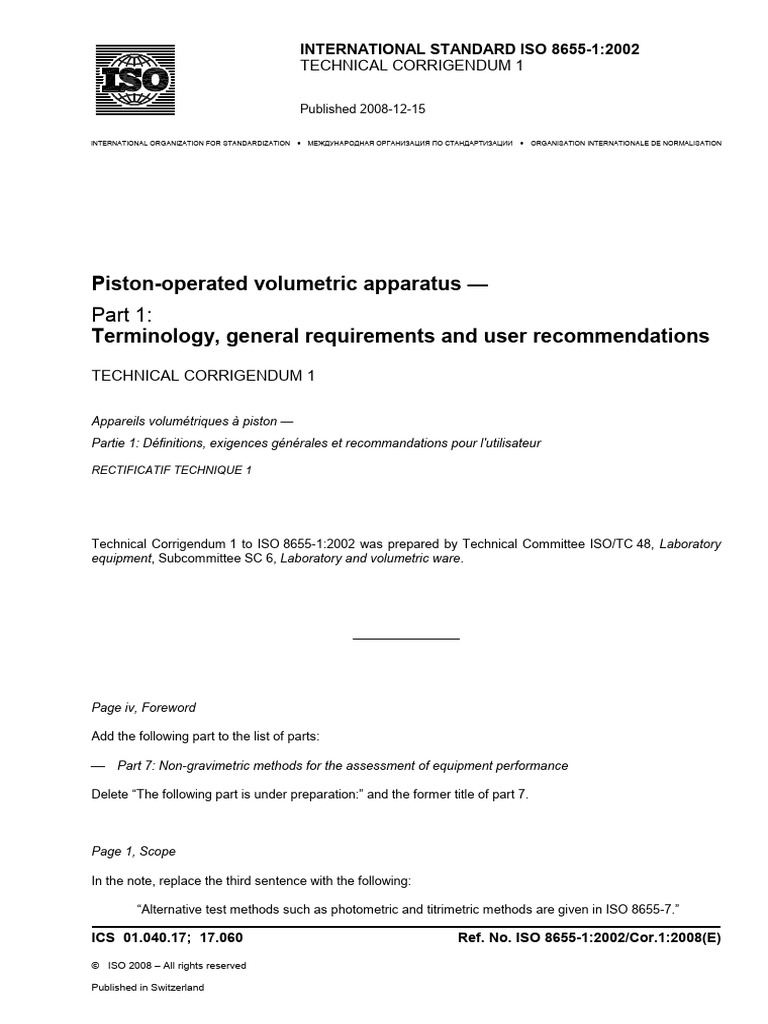 ISO 8655-1:2002 Technical Corrigendum | PDF | International ...