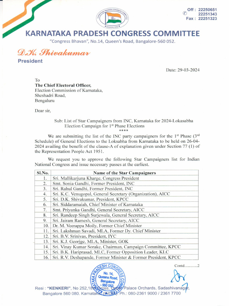 Star Campaigners List of INC To CEC | PDF