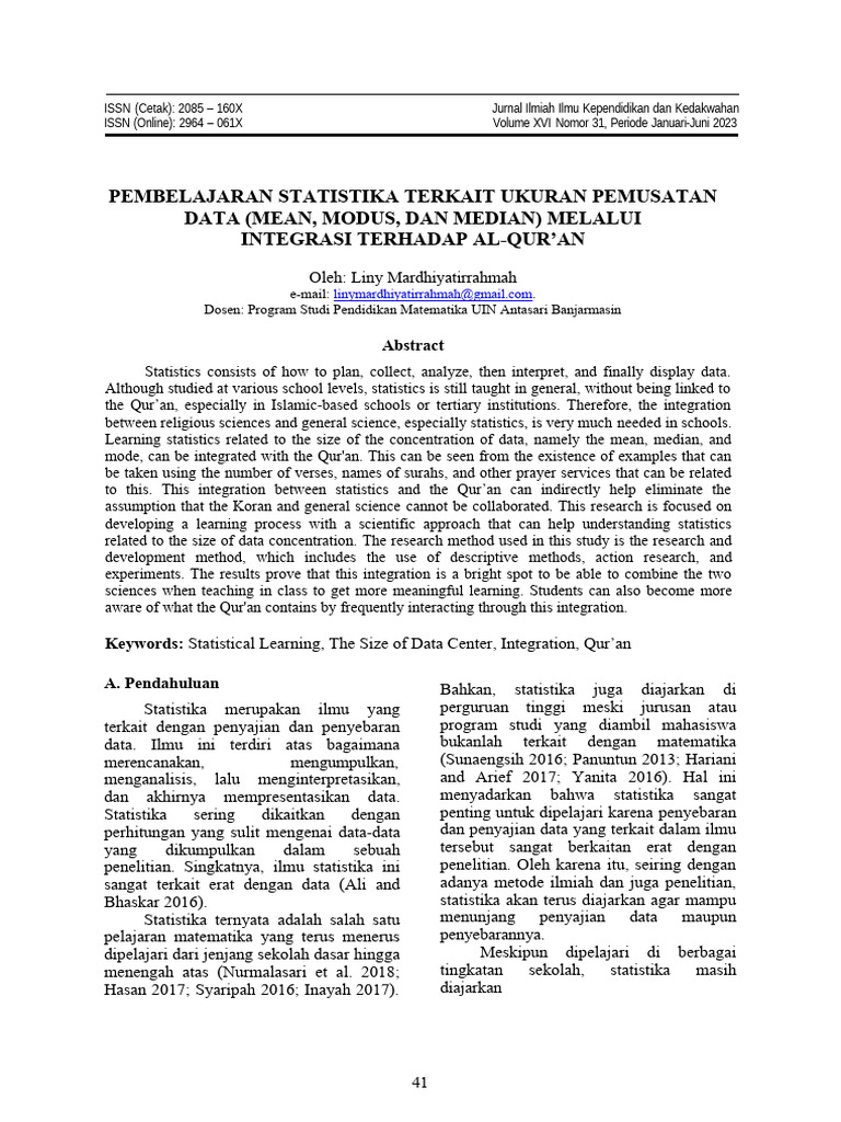 Liny M-Pembelajaran Integrasi Statistika DGN Al-Qur'an | PDF | Statistics | Data