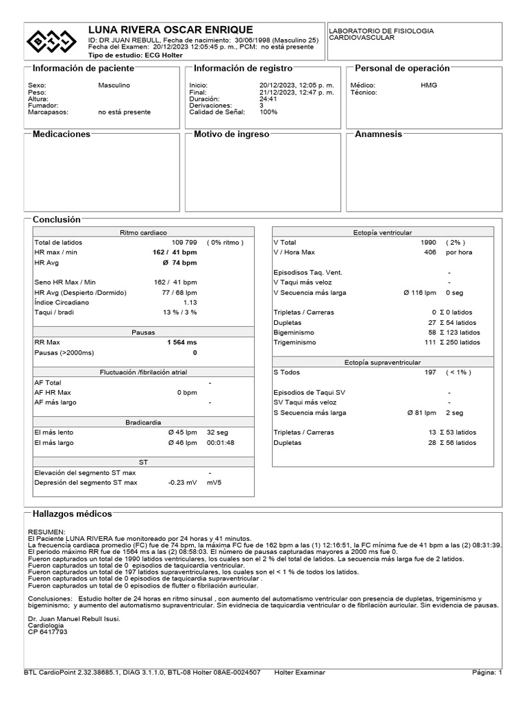 Informe ECG Holter 24 Horas - Luna Rivera | PDF | Especialidades ...
