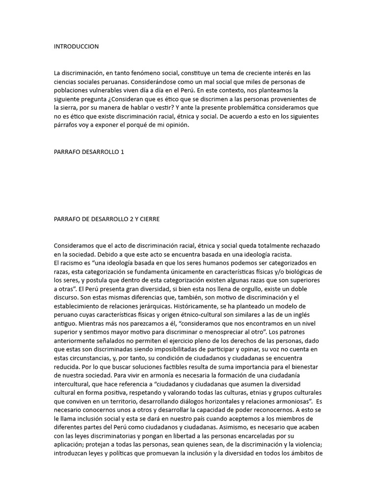 Ensayo PC1 Ciudadania | PDF | Racismo | Discriminación y relaciones raciales