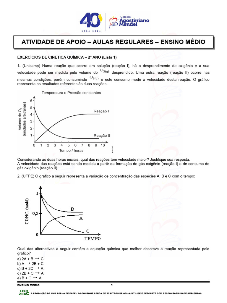 Exercícios De Cinética Química Lista 1 Pdf Reações Químicas Química