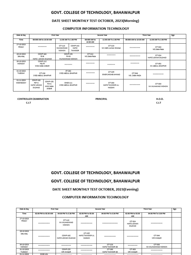 Date Sheet Monthly Test OCTOBER 2023 | PDF