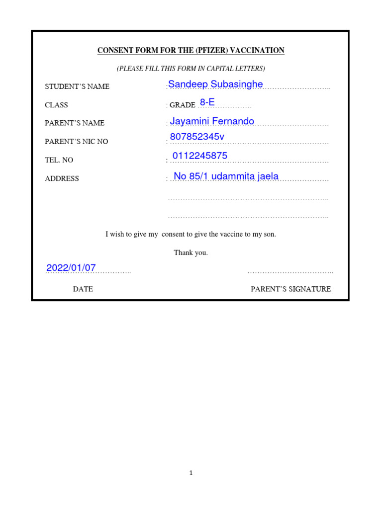Consent Form For The Vaccination-1 | PDF