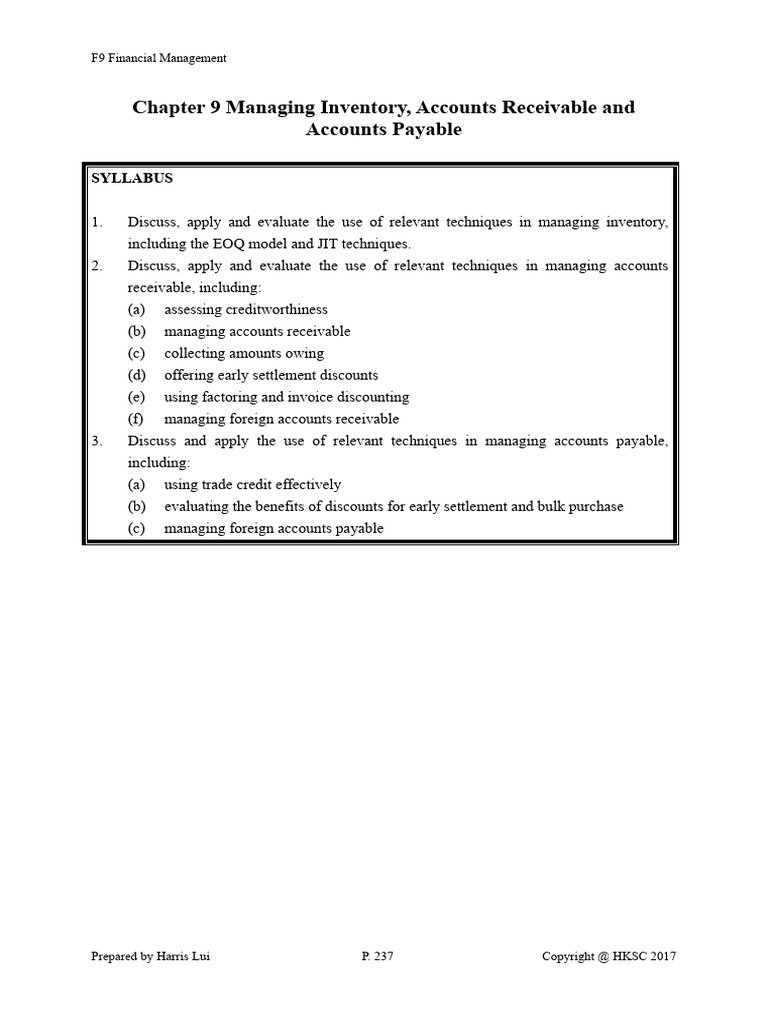 Chapter9 WCInventoryARAP | PDF | Inventory | Lean Manufacturing