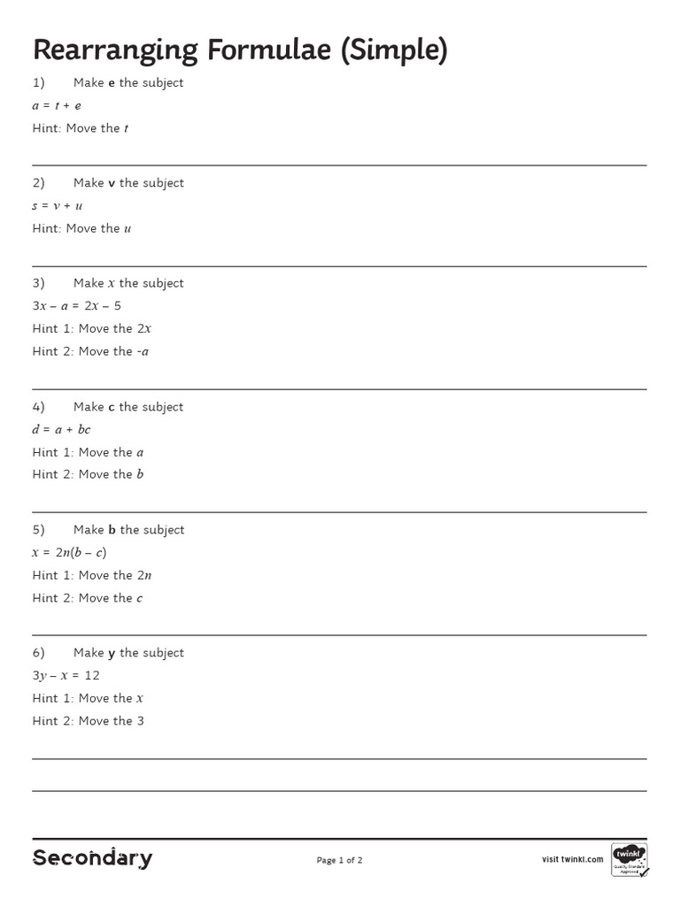 Rearranging Formulae Simple - Lower Ability | PDF