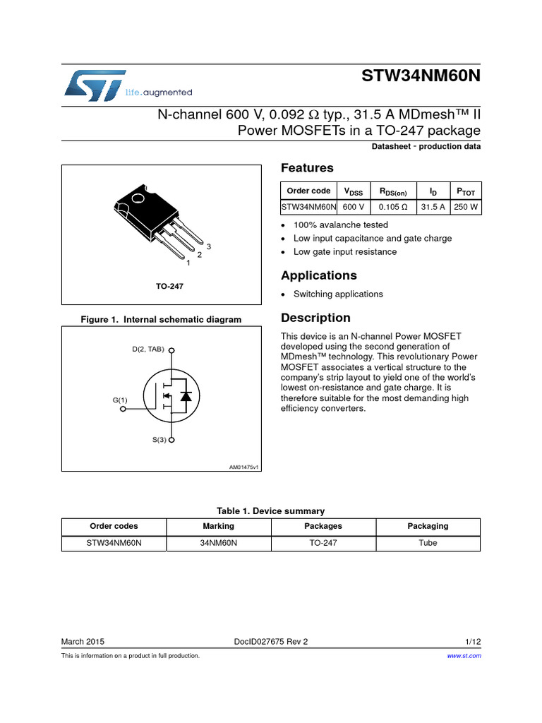 STW 34 NM 60 N | PDF | Mosfet | Field Effect Transistor