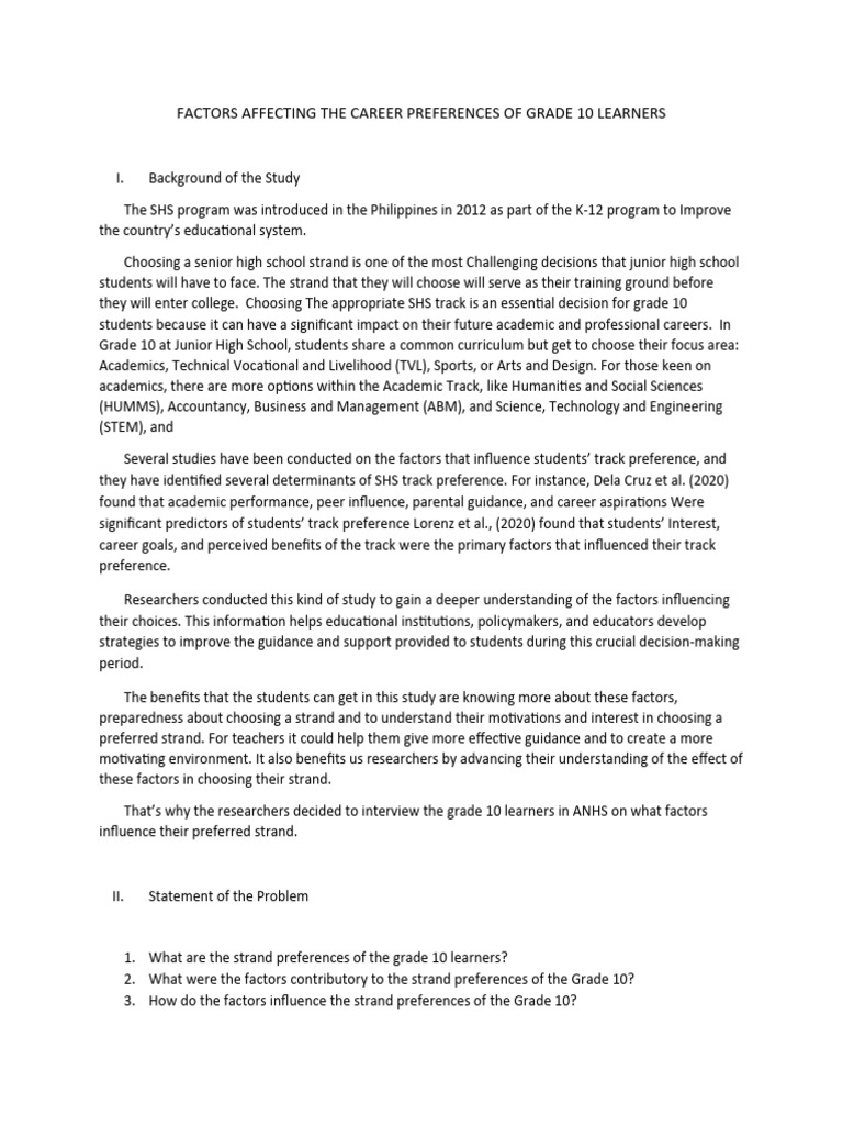 Factors Affecting The Career Preferences of Grade 10 Learners | PDF ...