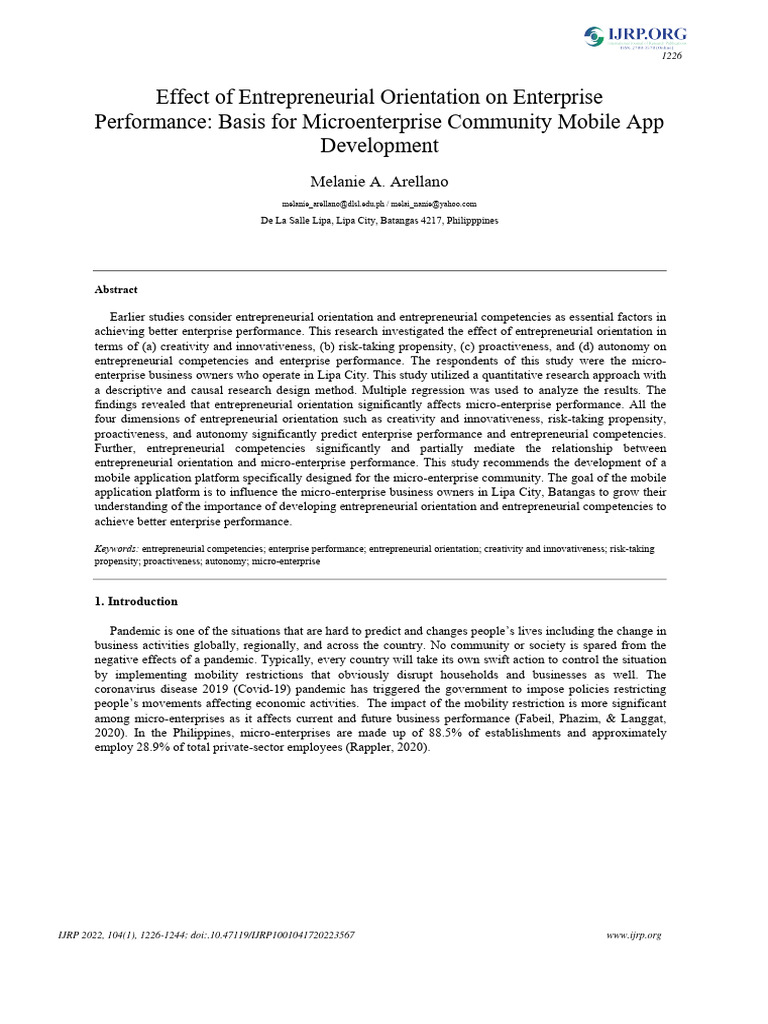 Effect of Entrepreneurial Orientation On Enterprise Performance: Basis ...