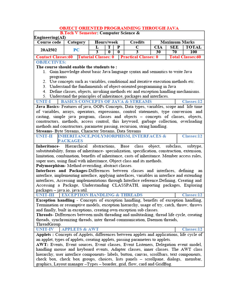 Syllabus-OBJECT ORIENTED PROGRAMMING THROUGH JAVA | PDF | Inheritance ... Syllabus-OBJECT ORIENTED PROGRAMMING THROUGH JAVA | PDF | Inheritance ...