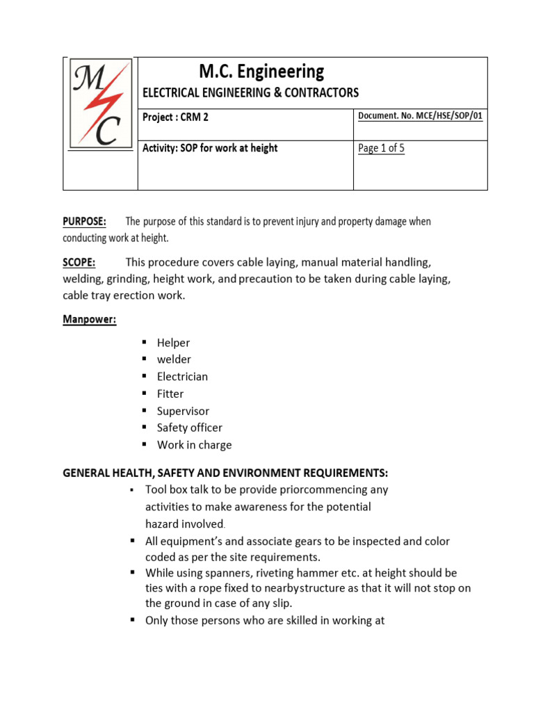 SOP for Working at Height Safety | PDF | Welding | Construction