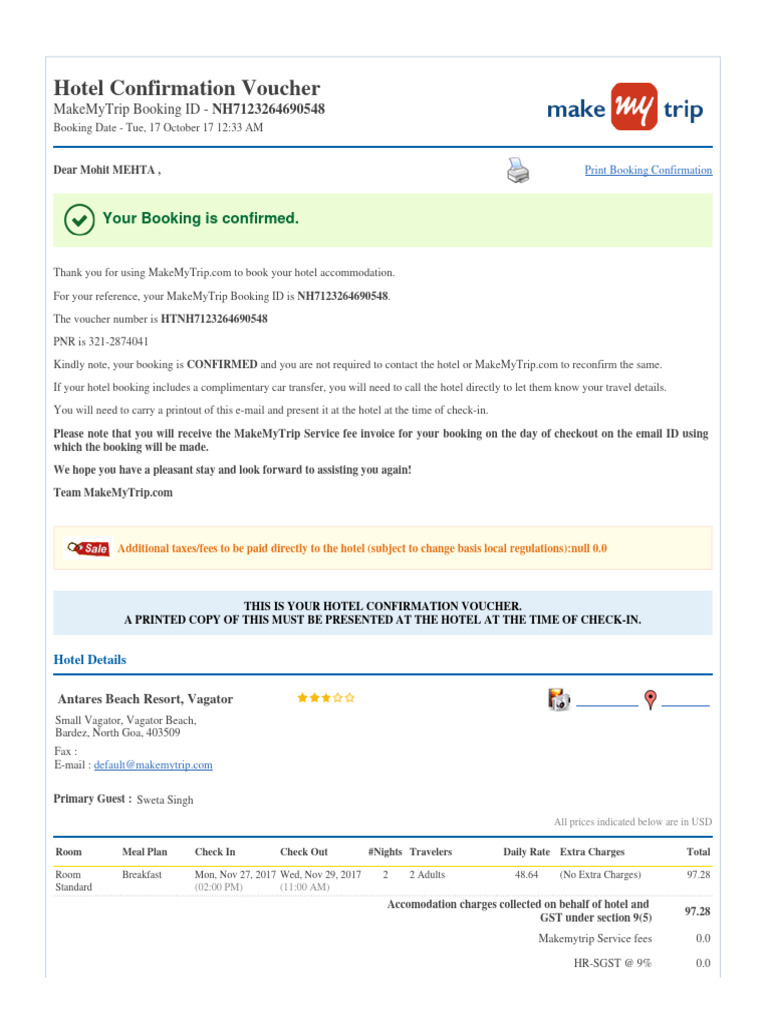 Hotel Confirmation Voucher MakeMyTrip Bo | PDF | Hotel | Service Industries
