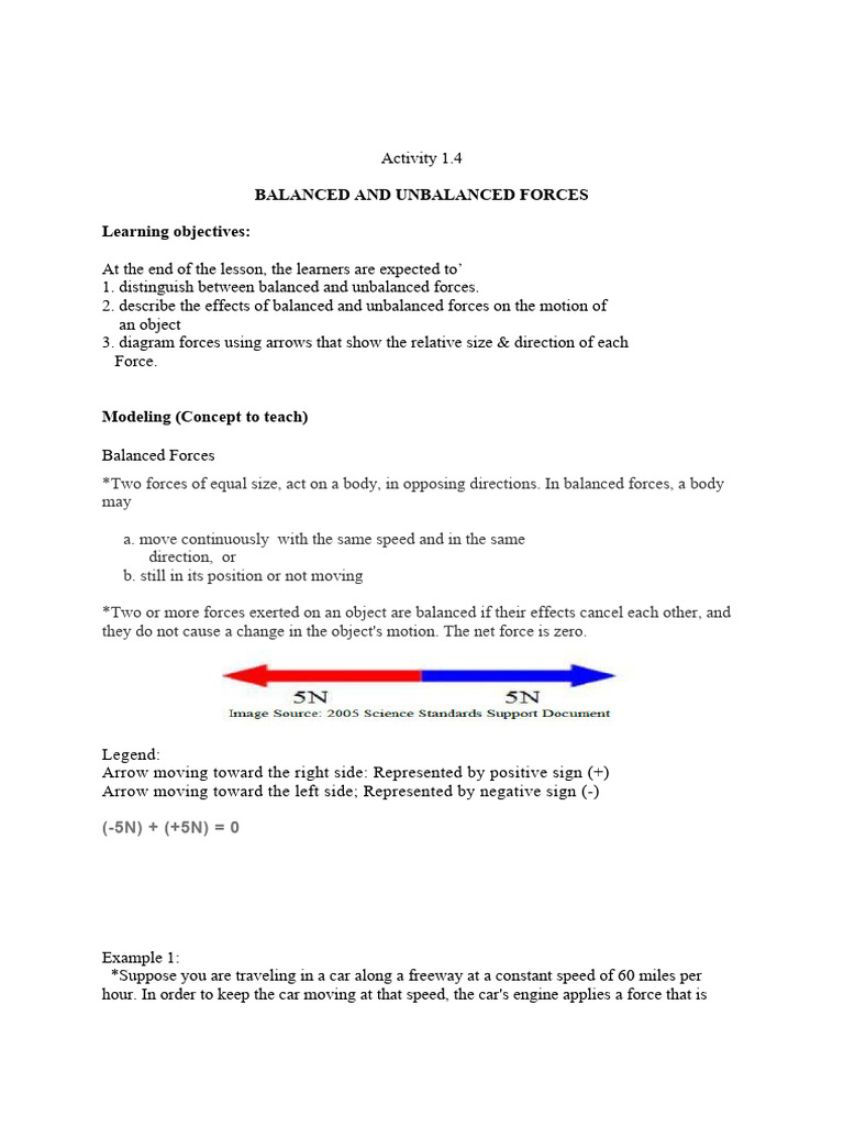 Balanced and Unbalanced Forces Class Activity | PDF | Force | Tension ...