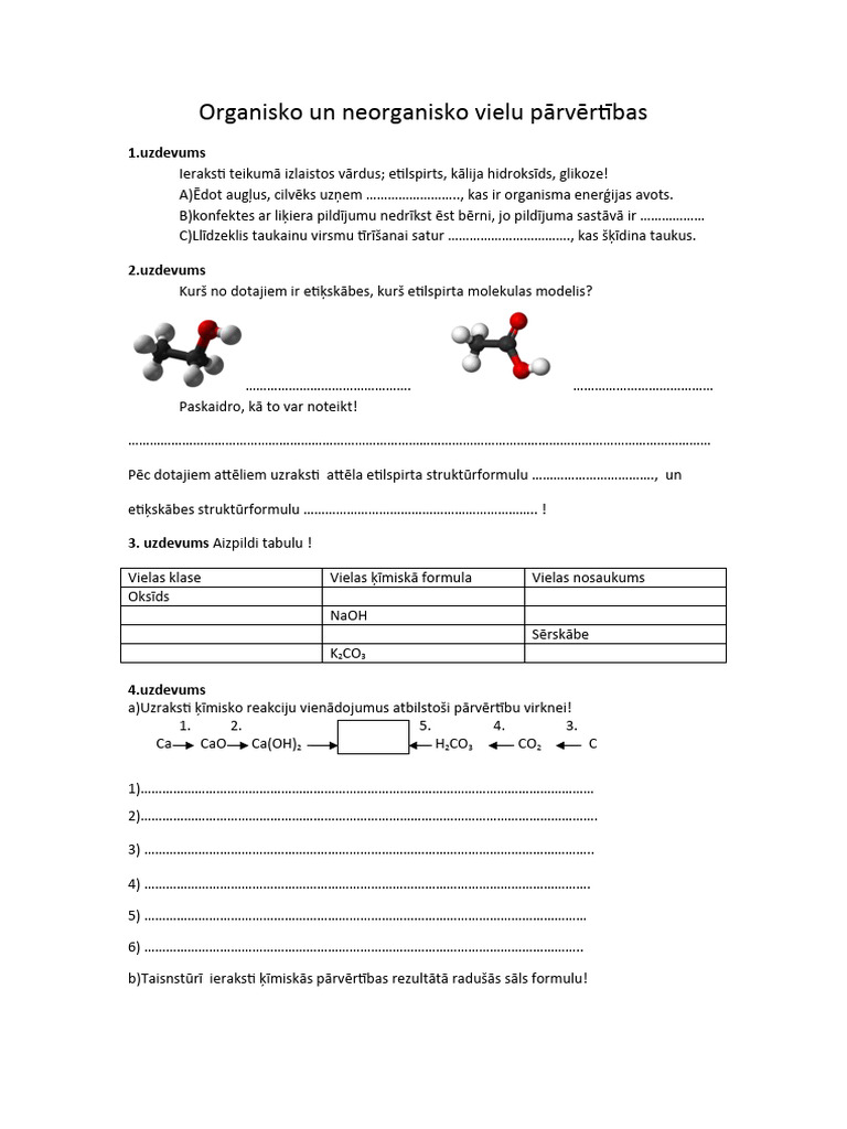 Organisko Un Neorganisko Vielu Pārvērtības: 1.uzdevums | PDF