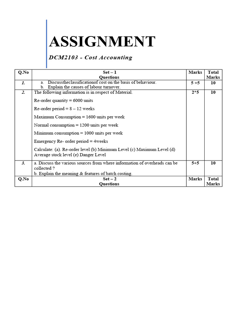 Assignment - DCM2103 - Costing - BCom - Sem III - Set1 and 2 Sept 23 | PDF | Layoff | Cost ...