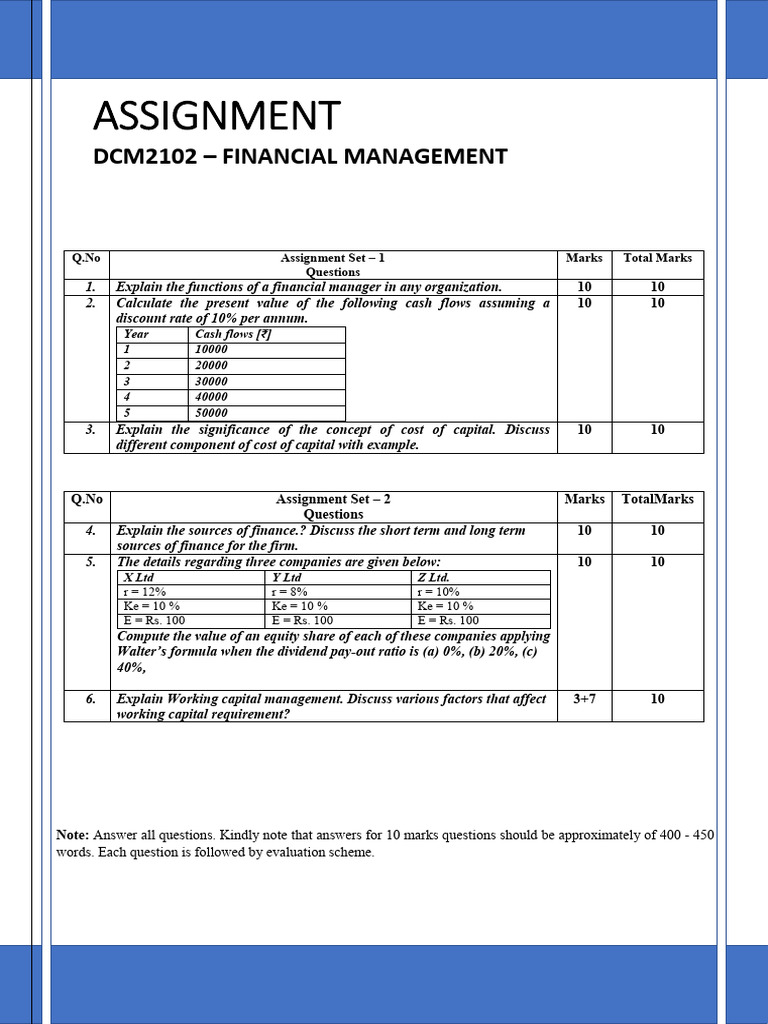 Assignment - DCM2102 - Financial Management - Bcom 3 - Set-1 and 2 - Sep 2023 | PDF | Cost Of ...