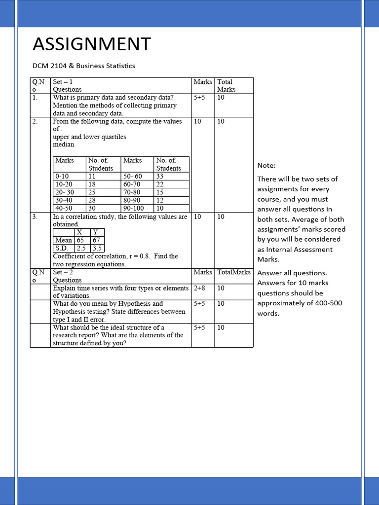 Assignment - DCM2104 - Business Statistics - Set 1 and 2 - Sep 2023. | PDF | Type I And Type Ii ...