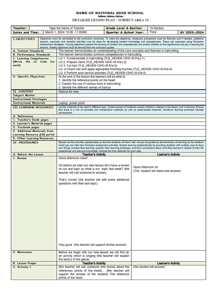 Sample For BSU CTE On DLP Preparation Traditional | PDF | Scissors ...