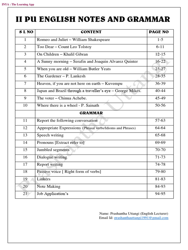 II PU English Notes Overview | PDF | Romeo And Juliet | William Shakespeare