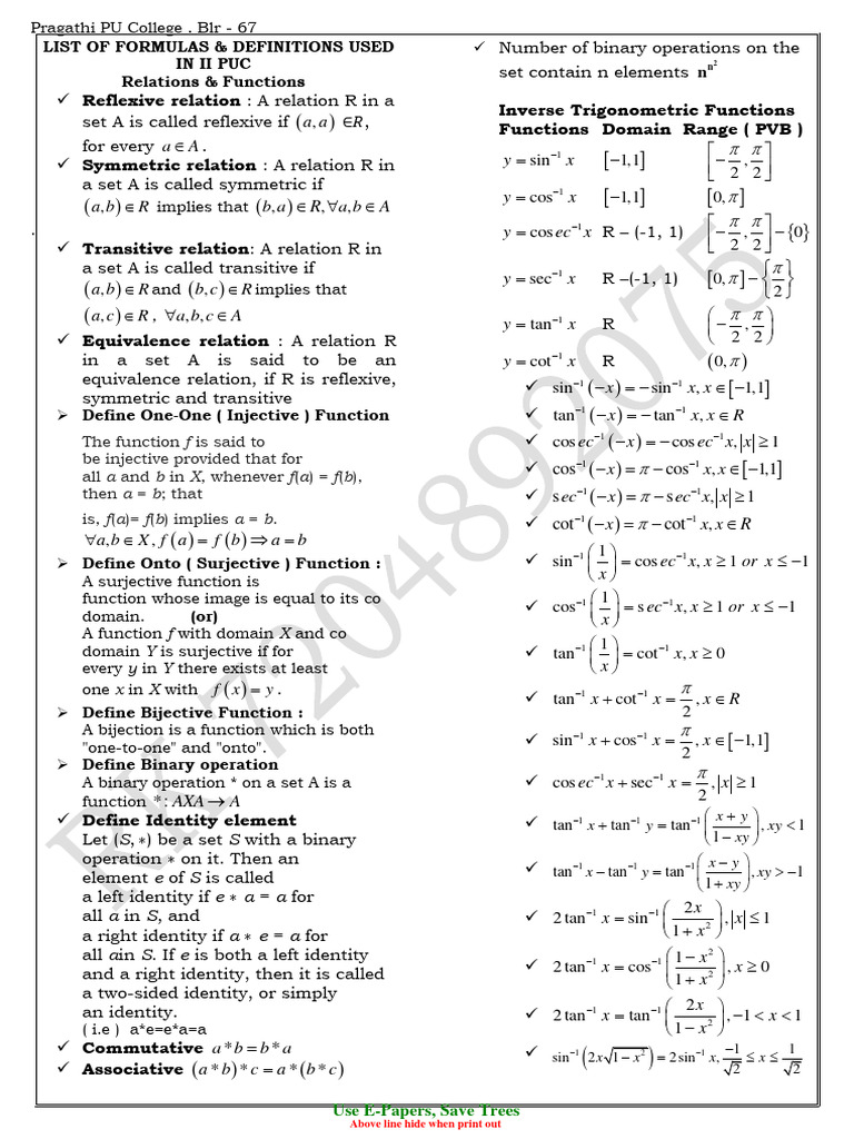 Maths Formulas Eng Version 2019-20 by Pragathi Pu Callege | PDF ...