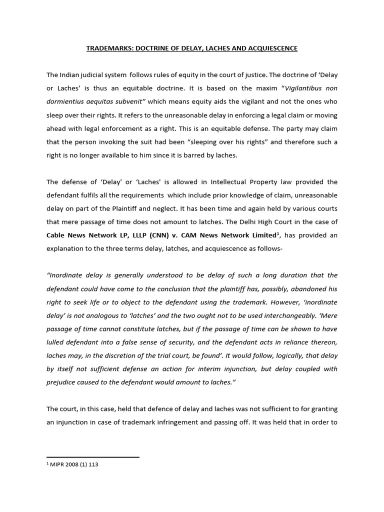 Trademark Delay, Laches, and Acquiescence | PDF | Laches (Equity) | Common Law