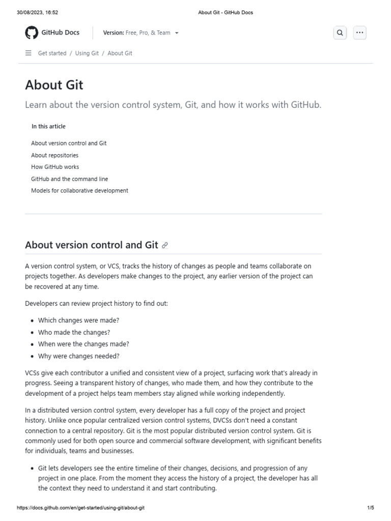 About Git - GitHub Docs | PDF | Version Control | Systems Engineering