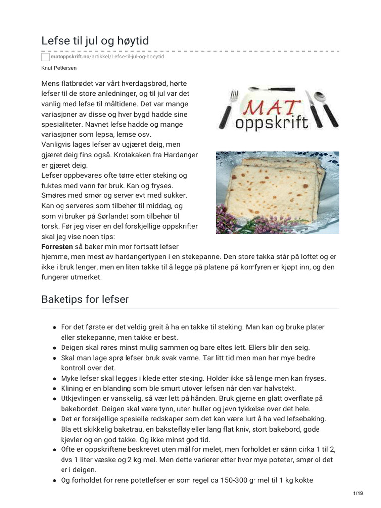 Lefser Til Jul Og Høytid - Mange Forskjellige Oppskrifter | PDF