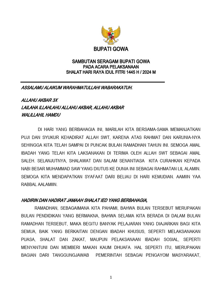 Sambutan Seragam Shalat Eid Bupati 2024 | PDF