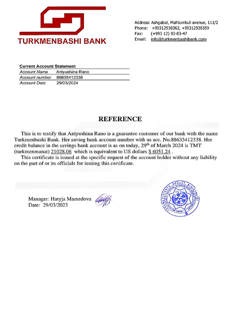 Turkmenbashi Bank Savings Bank Statement | PDF